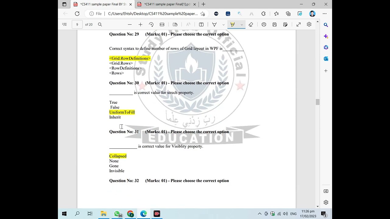 CS411 Sample Paper Final Term fall 2022, CS411 Sample Paper Final Term fall 2023 CS411 Paper Solved