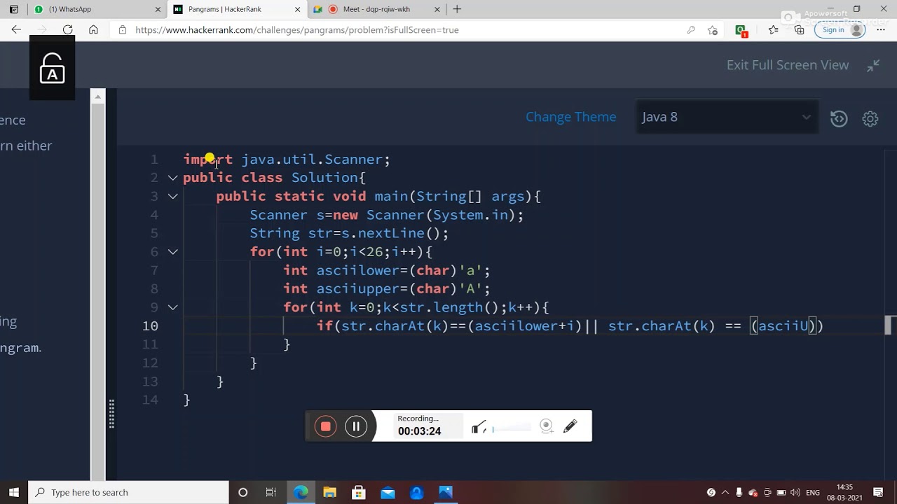 Hackerrank - Pangrams || hackerrank || Strings || java programming language || problem Solving