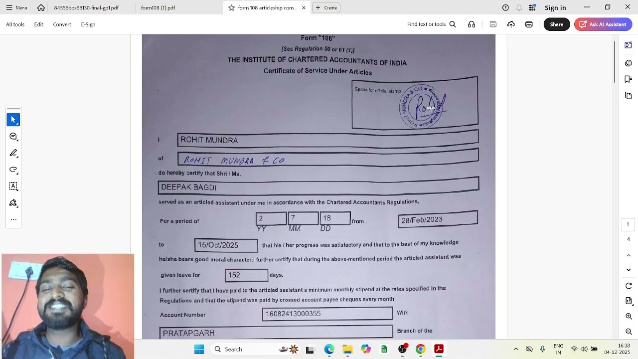 Form 108 | How to Fill | where to sign| Articleship Completion | ICAI Step-by-Step Process on SSP