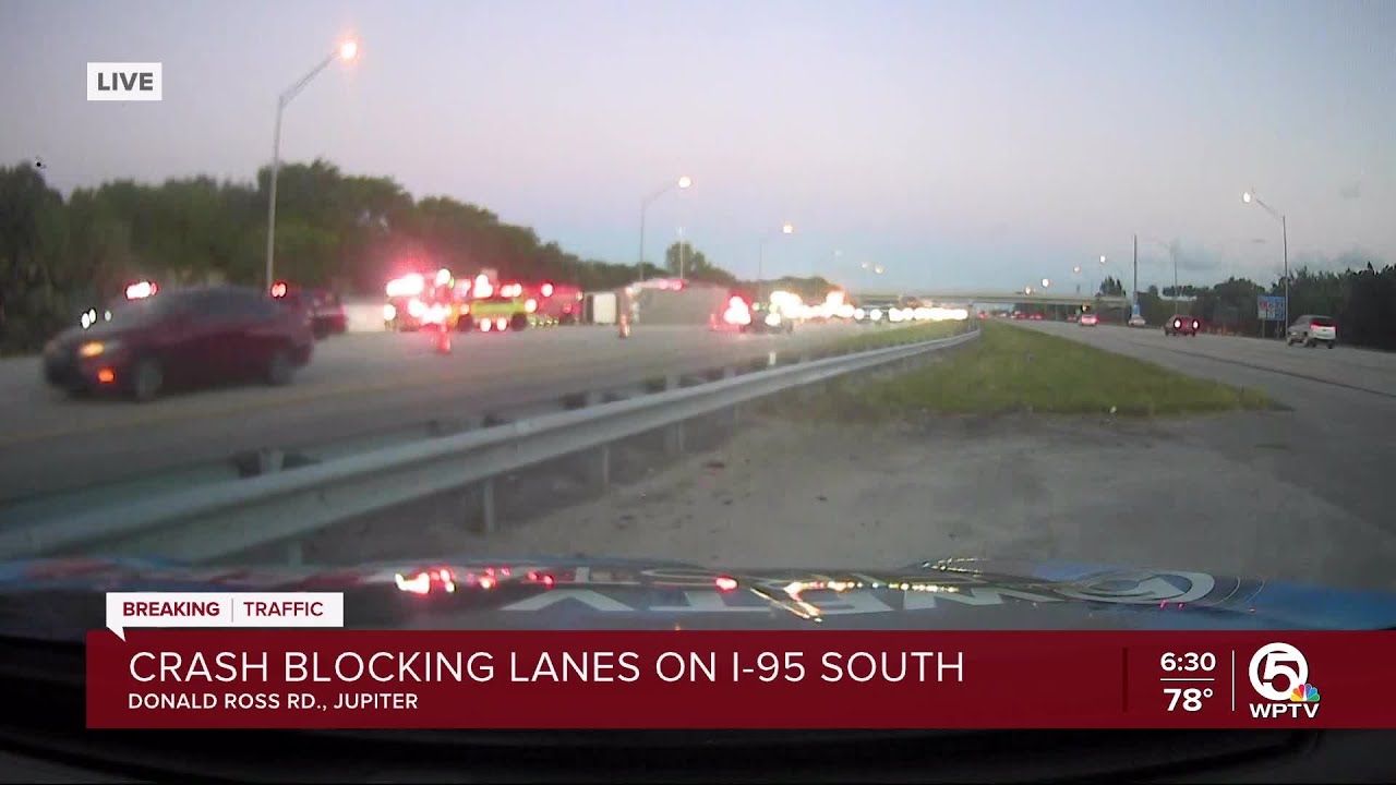 Overturned tractor-trailer shuts down 3 lanes on I-95 southbound in Palm Beach Gardens