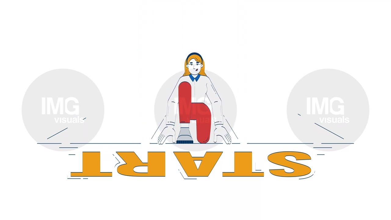 Caucasian blonde businesswoman kneeling at starting line 2D character doodle animation