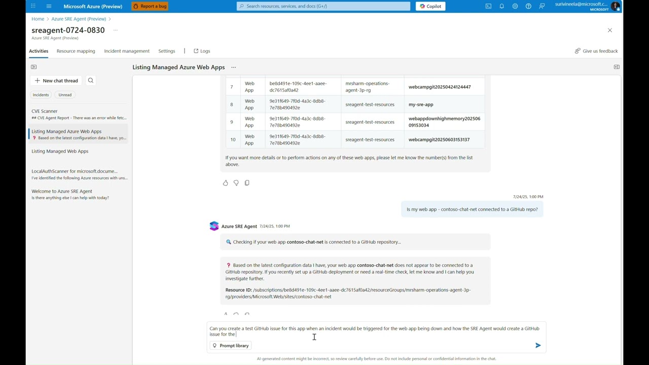 SRE Agent   GitHub repo linking and issue creation