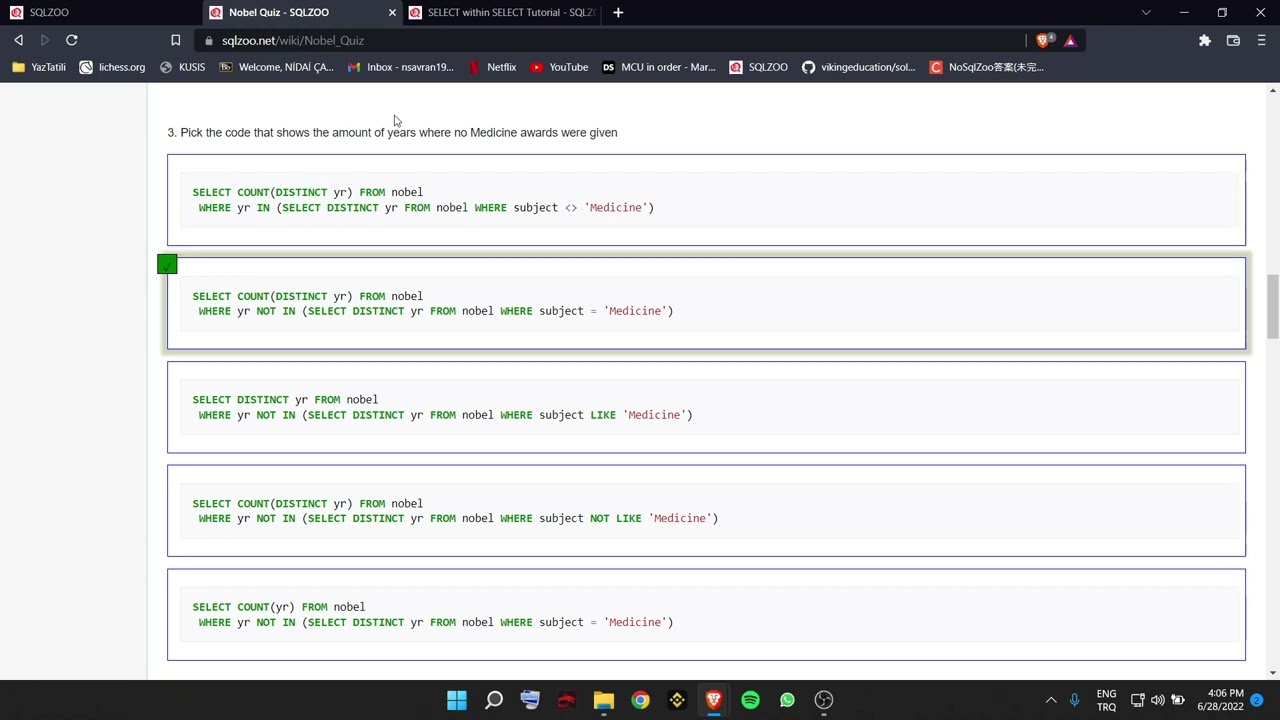 SQLZOO SQL tutorial Episode 3: Select examples with nobel database.