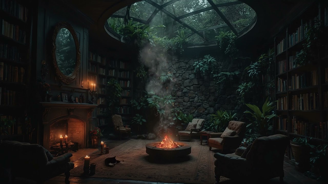 Rainy Dystopian Library Ambience | Relaxing Music, Rain Sounds & Crackling Fire for Calm Focus