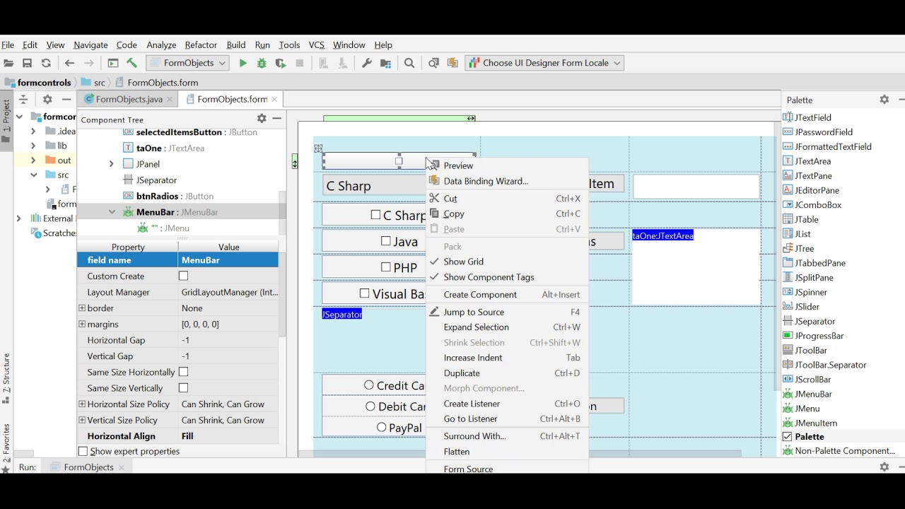 Adding Menu to Java GUIform in IntelliJ IDEA JMenuBar JMenu JMenuItem