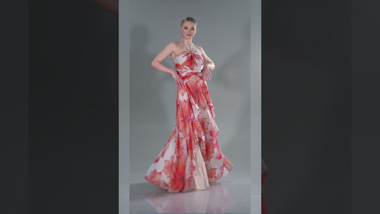 Orange Bacak Dekolteli Empirme Uzun Şifon Abiye ABU3878