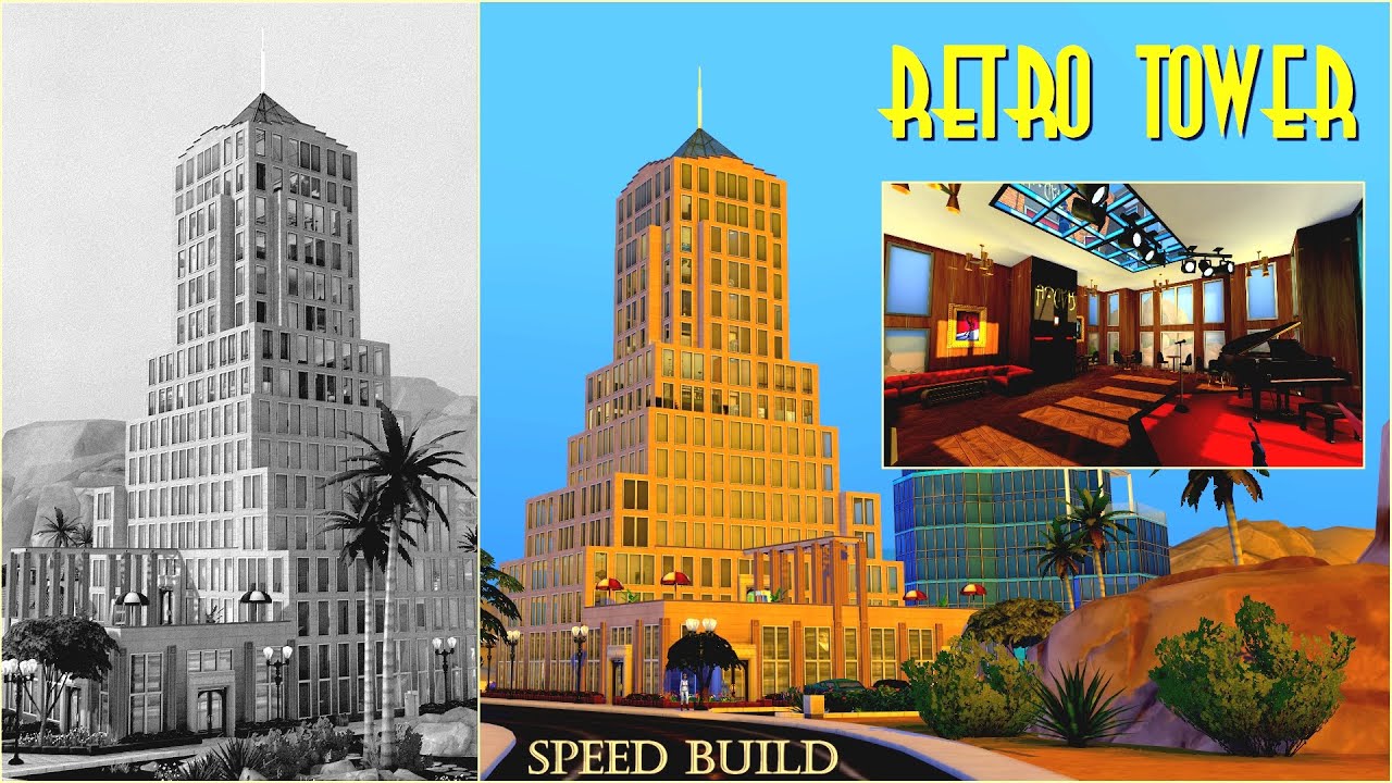 The Sims 4: Retro Tower-Skyscraper with elevators (no cc). Presentation and speed build.