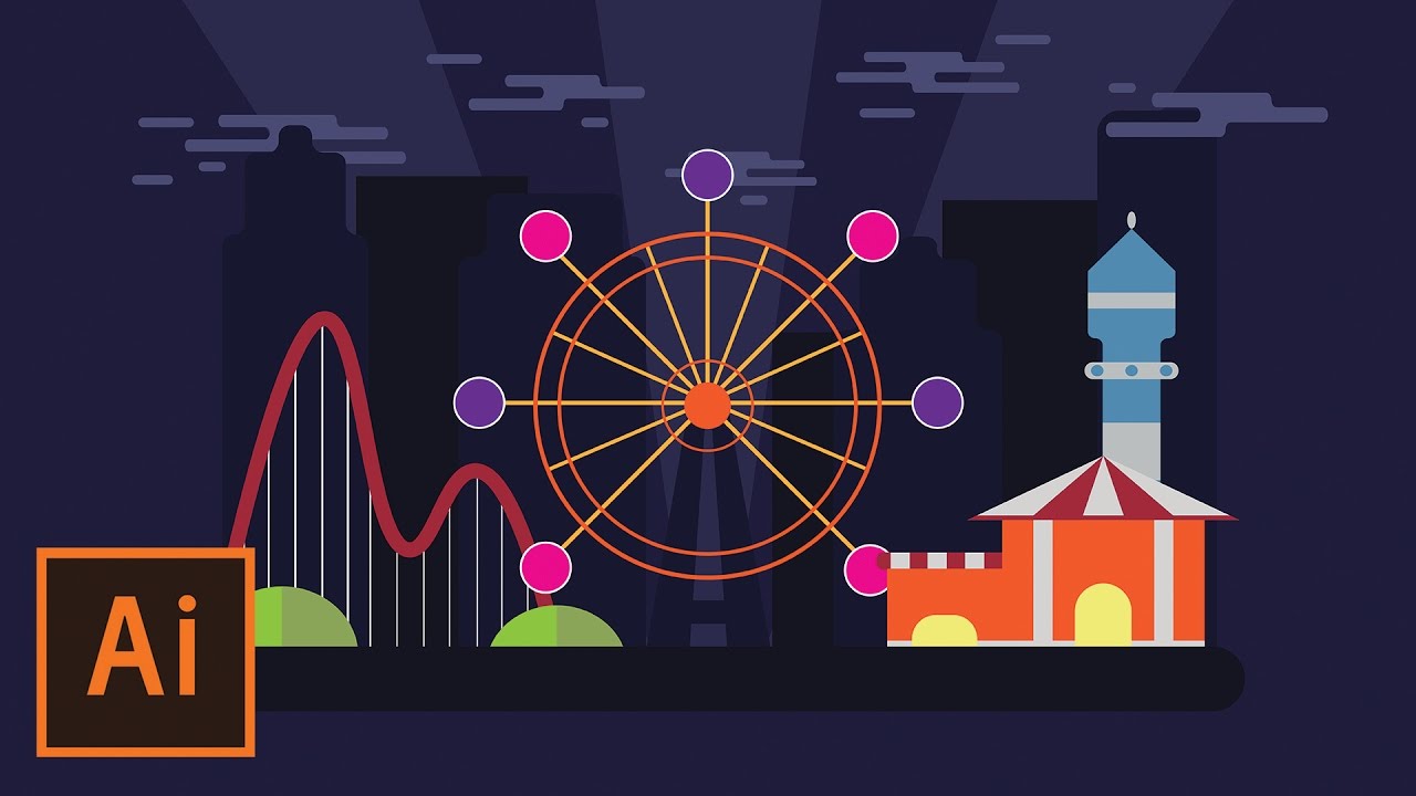 Illustrator Tutorial - Amusement Park Flat Landscape (Flat Design for Beginners)