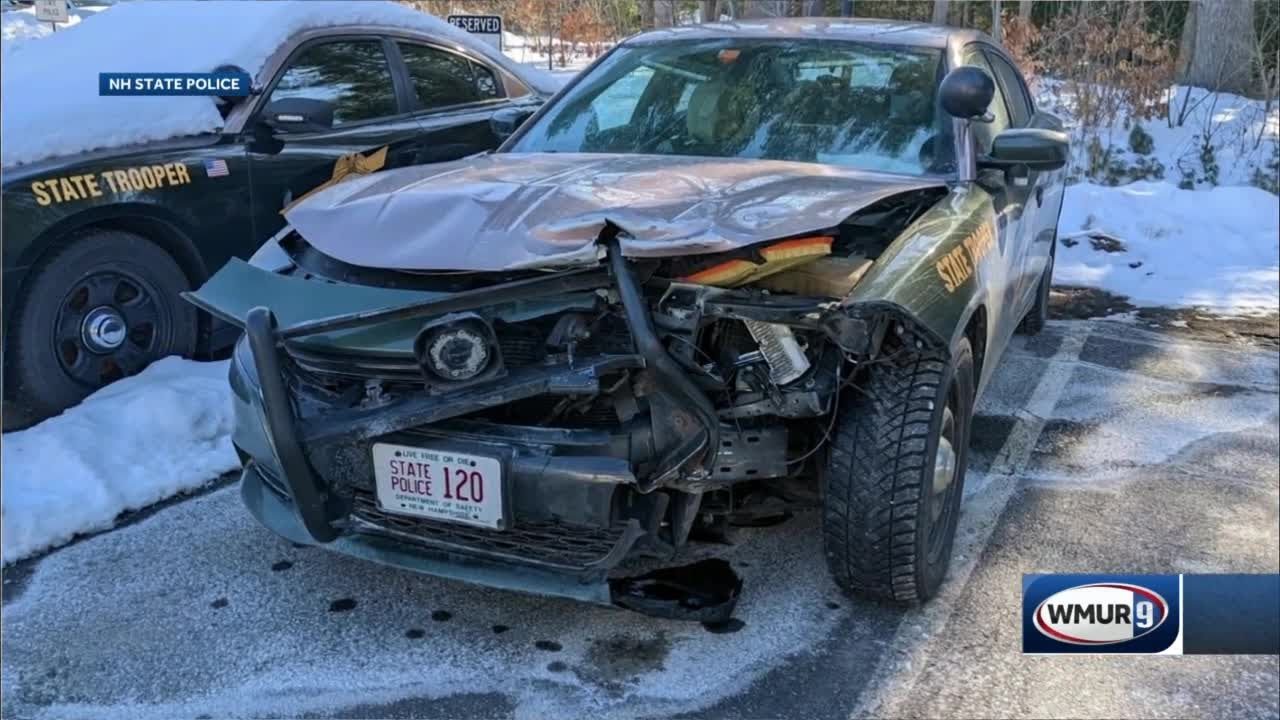 NH state trooper has minor injuries after tire from tractor-trailer hit her cruiser