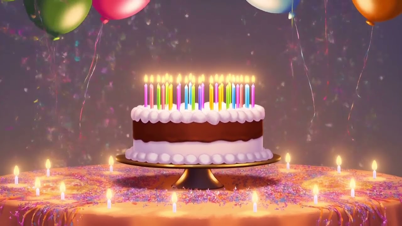 Happy Birthday Cake with Balloons and Bubbles