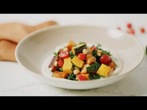 Roasted Zuccuri and Kale Salad with Chickpeas, and Tahini Yogurt