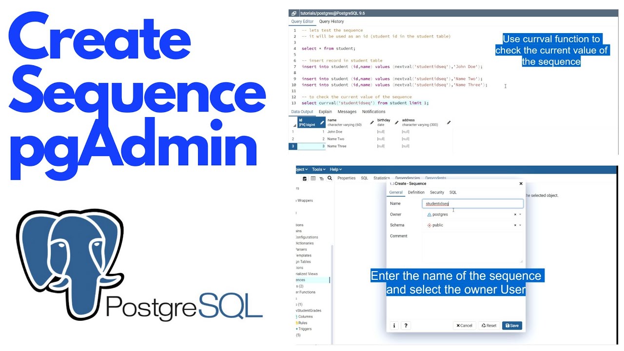 Create Sequence using pgAdmin | PostgreSQL Tutorial