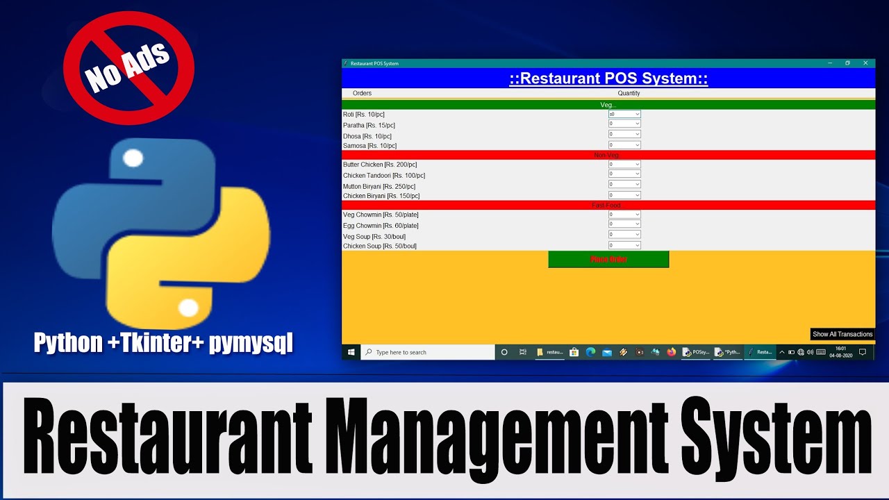 Restaurant management system || using Tkinter || Python || MySQL || POS System in python