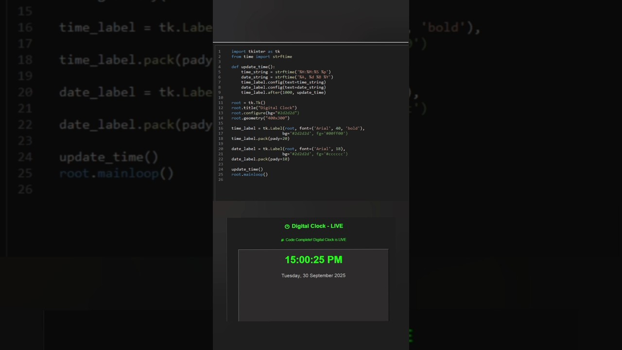 Python Digital Clock | GUI Project Tutorial in 30 Minutes | Live Clock in Python#python #coding
