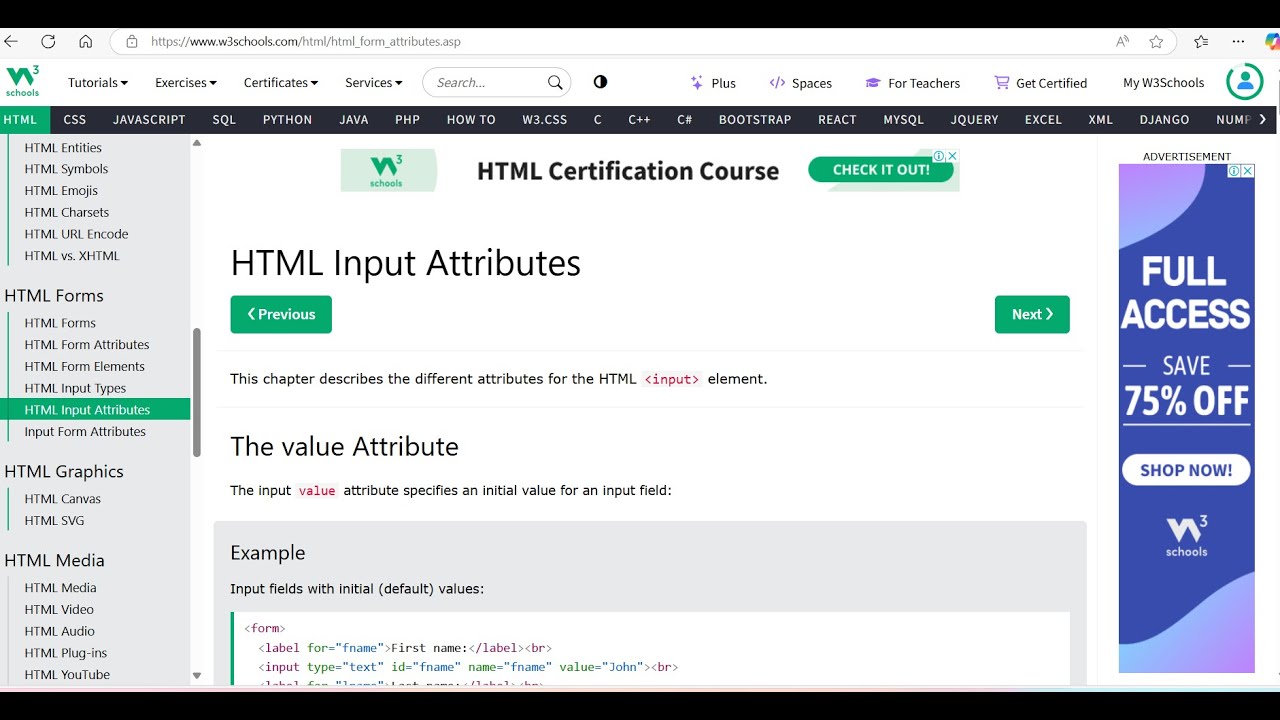 W3Schools HTML Tutorial 28 | HTML Input Attributes