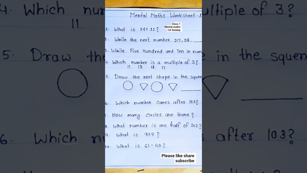 mental maths worksheet for class 1/Class 1 maths worksheet
