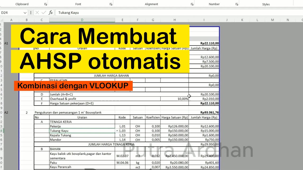 Cara Membuat AHSP Analisa Harga Satuan Pekerjaan Otomatis Menggunakan VLOOKUP