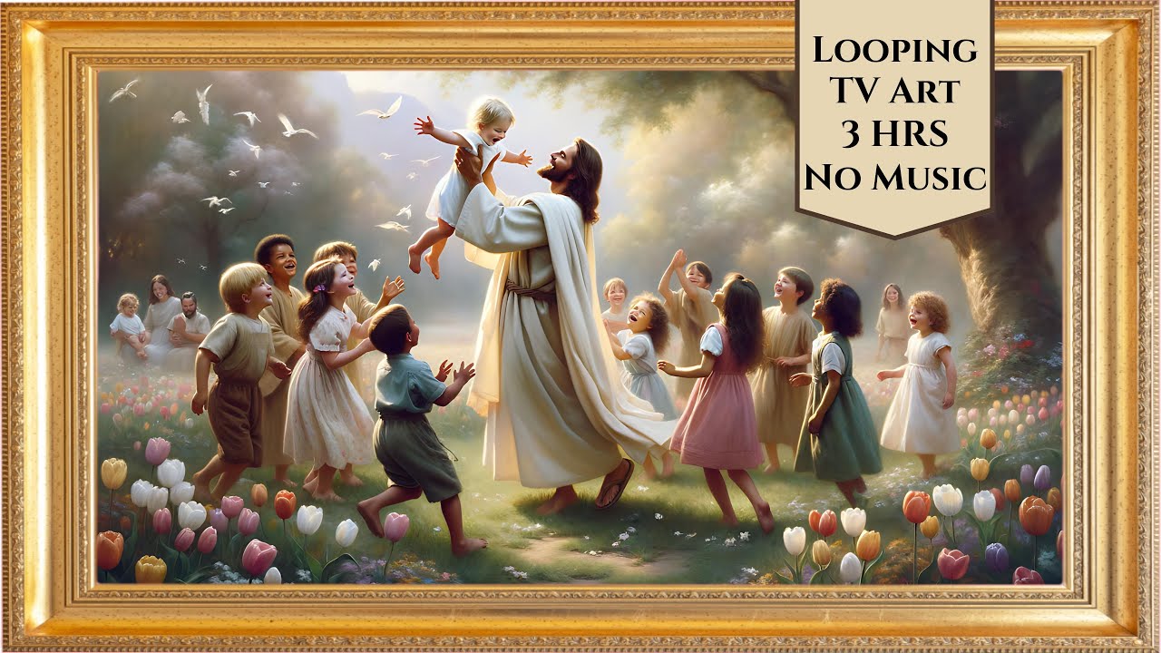Jesus with Children: 4K Christian Art Wallpaper Framed Art Screensaver No Music 3 Hrs