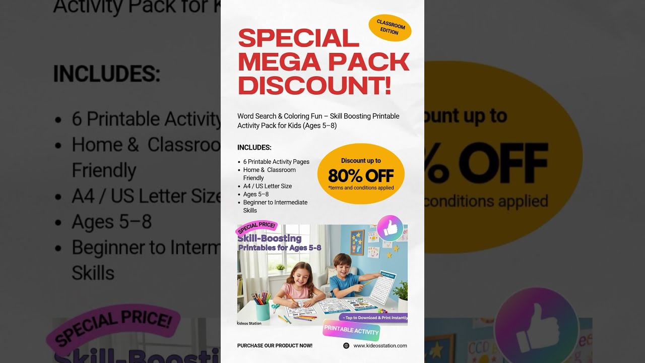 Word Search & Coloring Printable Activity Sheets for Kids | Fun Educational PDF Pack Ages 5–8