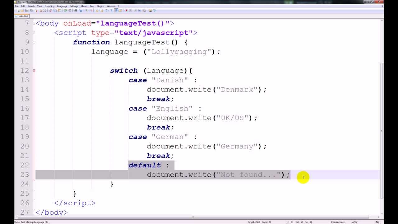 JavaScript Tutorial - 12 - Switch, Case and break