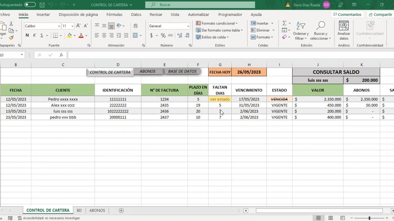 Control de cartera en excel/ paso a paso