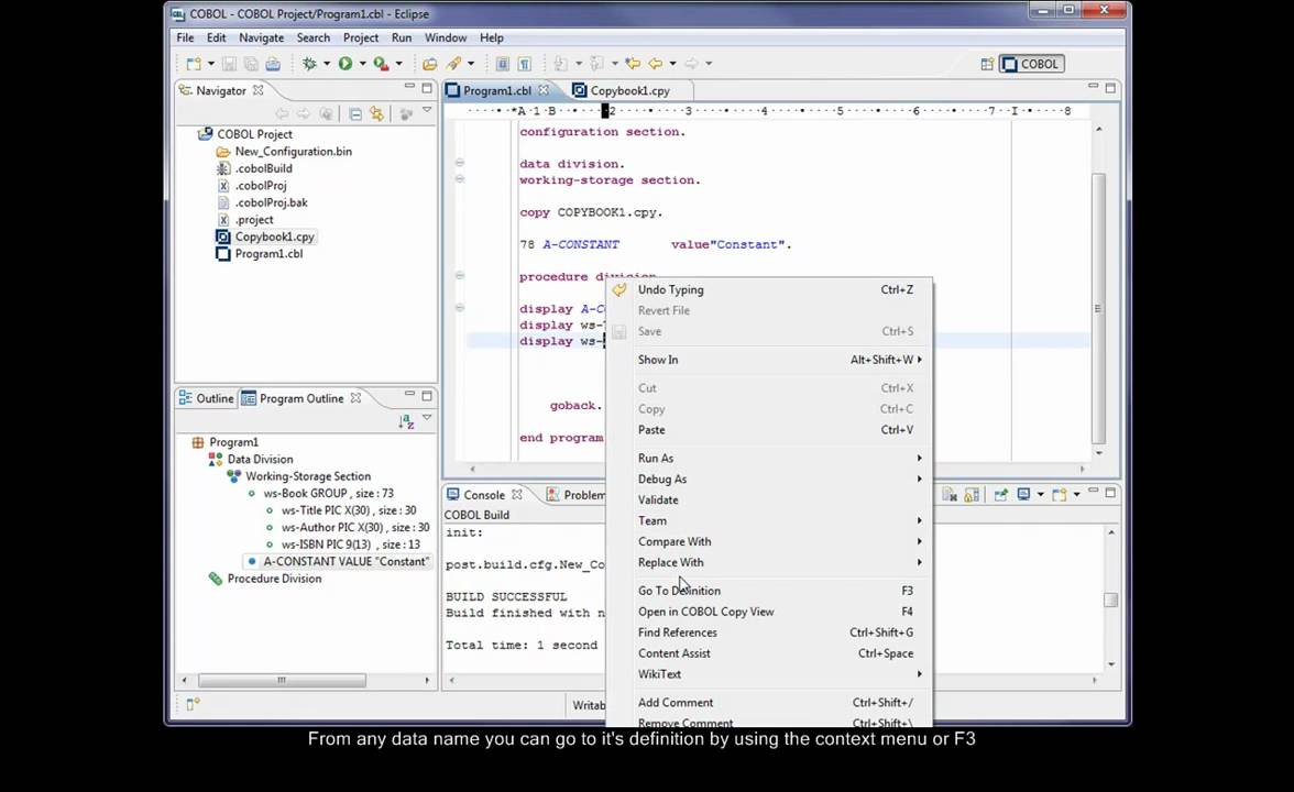 Editor navigation demo in Visual COBOL for Eclipse
