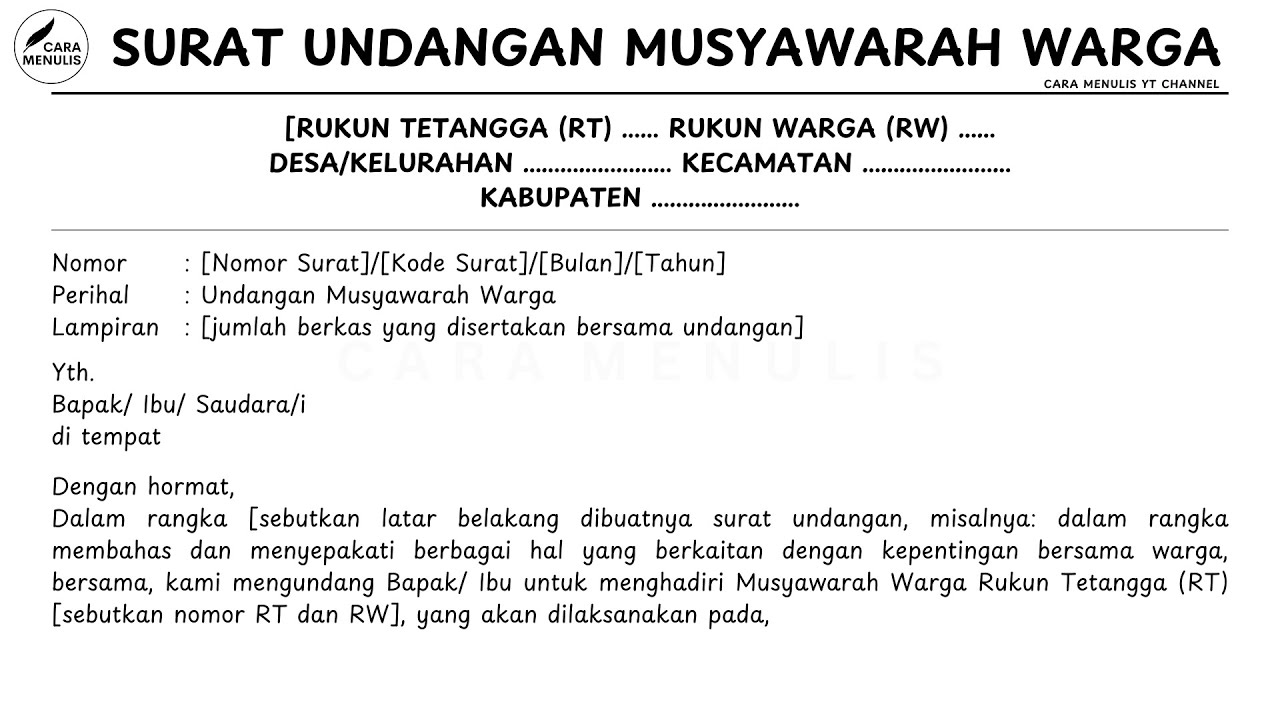 CONTOH DAN CARA MENULIS SURAT UNDANGAN MUSYAWARAH WARGA RT RW