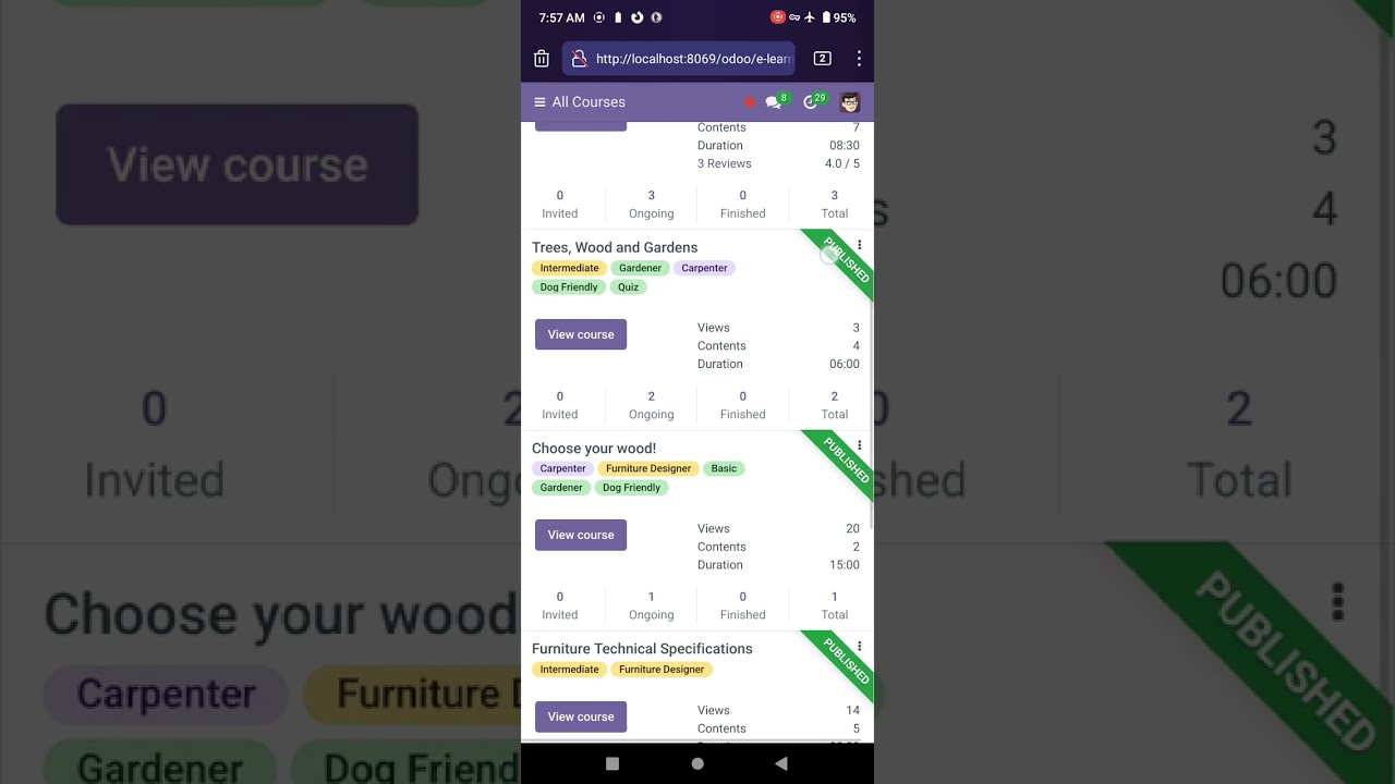 Demo: Odoo ERP 18 (Open Source): E-learning App on Android Mobile with Local PostgreSQL Database