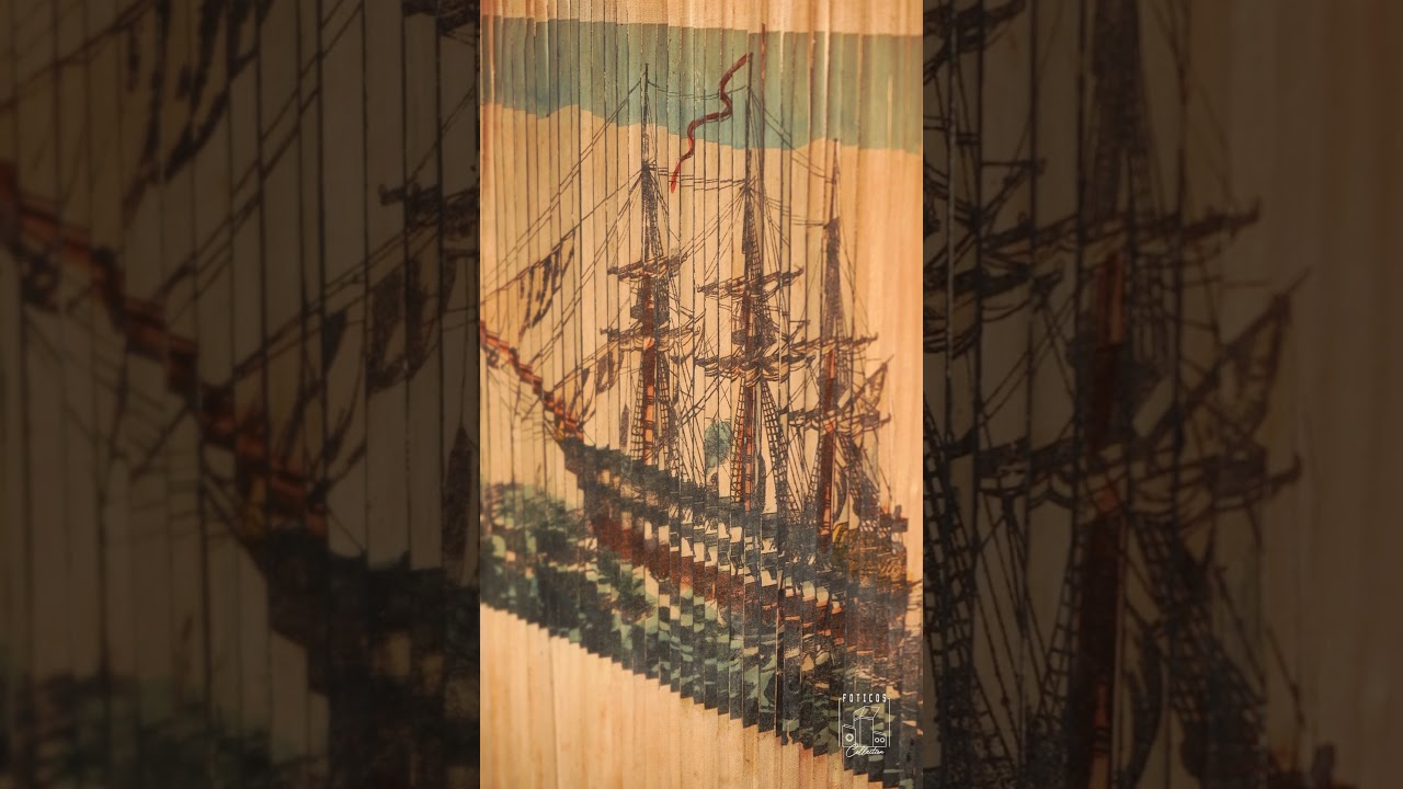 Three-directional image or triescenorama depicting a woman, a boat, and an equestrian scene