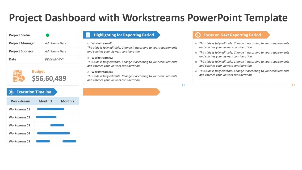 Project Dashboard with Workstreams PowerPoint Template | Kridha Graphics