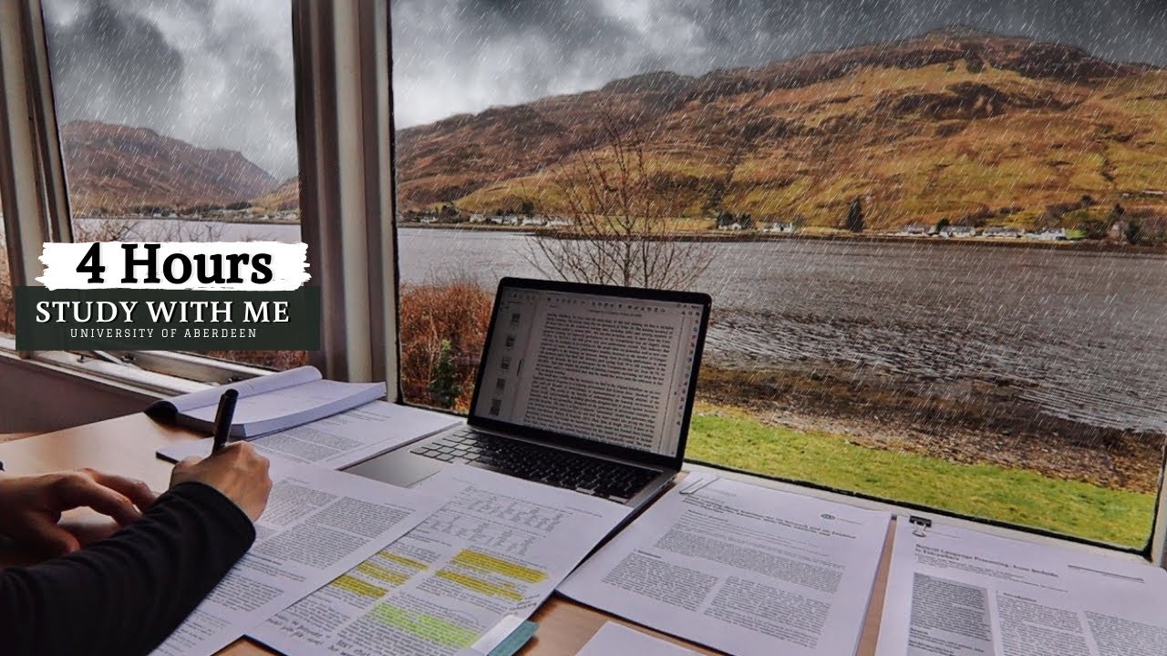 4 HOUR STUDY WITH ME on A RAINY DAY| Background noise, 10-min Break, No music, Study with Merve