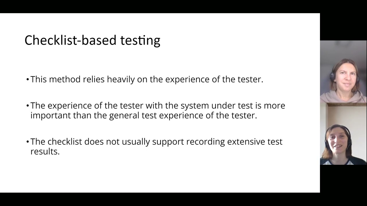 Test design techniques:  Use case testing, Checklist-based, White-box test design techniques