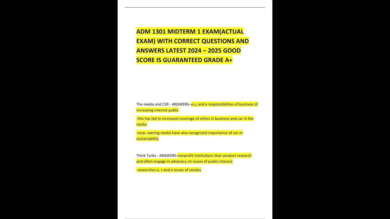 ADM 1301 MIDTERM 1 EXAMACTUAL EXAM WITH CORRECT QUESTIONS AND ANSWERS LATEST 2024 – 2025 GOOD SCORE