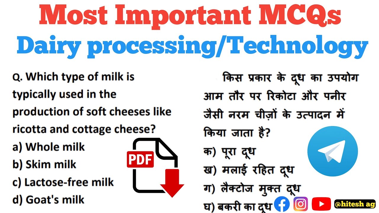 Important MCQs on Dairy technology/Processing