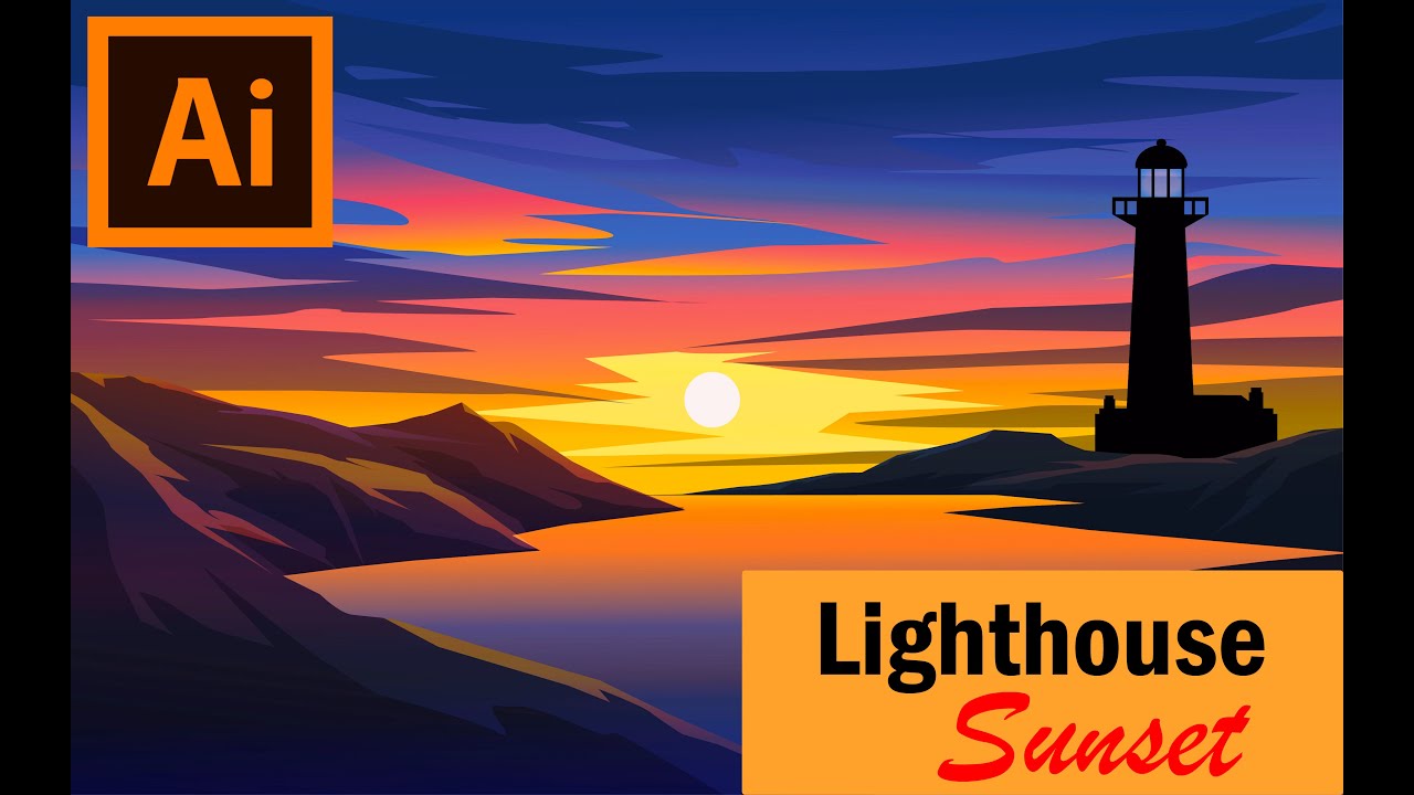 Drawing vector landscape using pen tool only in Illustrator . Lighthouse on dramatic sunset