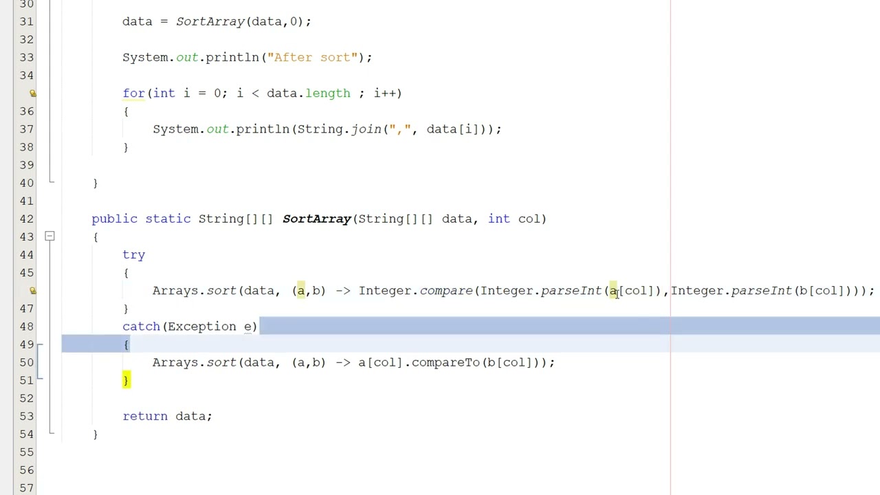 Sorting a 2D String Array By Column Using Java