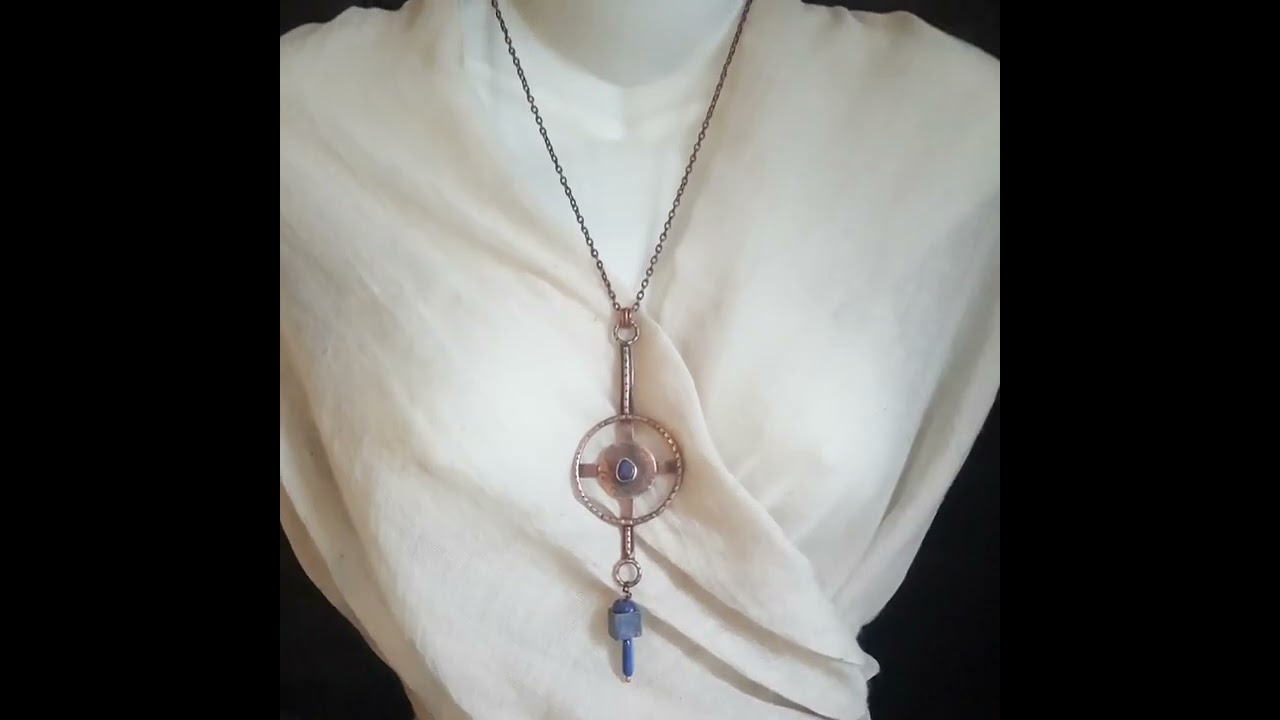 Statement Cross Necklace with Lapis Lazuli and Mother-of-Pearl, Large Handmade Copper Pendant