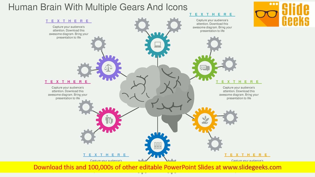 Human Brain With Multiple Gears And Icons Powerpoint Template