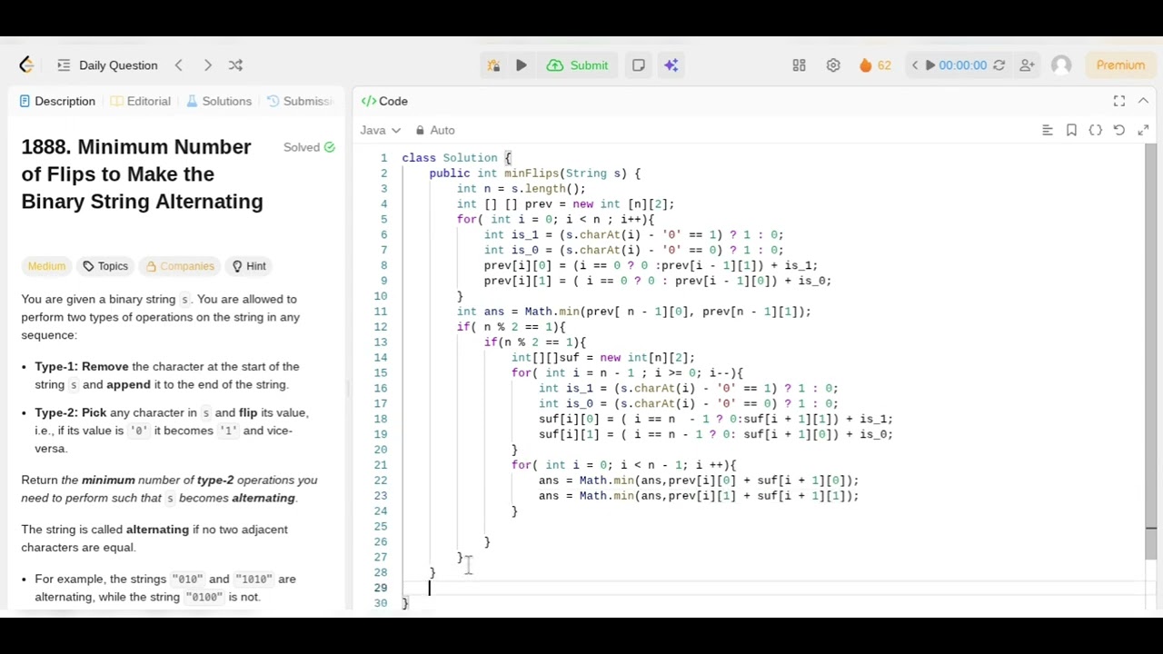 Daily leetcode problem 1888  solutions in Python C Java JavaScript C++