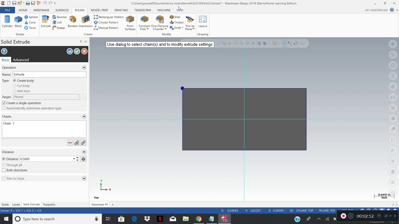 Create extrusion in MasterCam 2018 Demo
