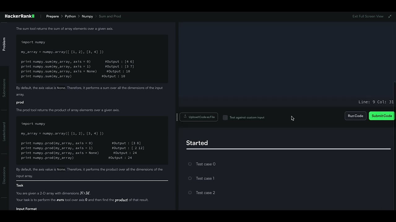 Hackerrank Python Solution  #9 Numpy - Sum and Prod