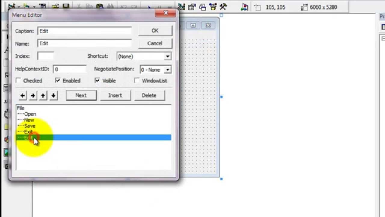 How to create the menu items in Visual Basic 6 0