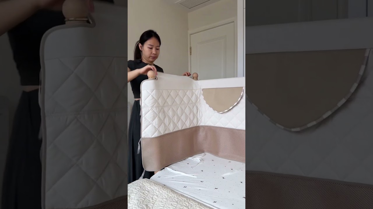 Immersive baby room layout with crib. Sunlight shines through the gauze curtains,