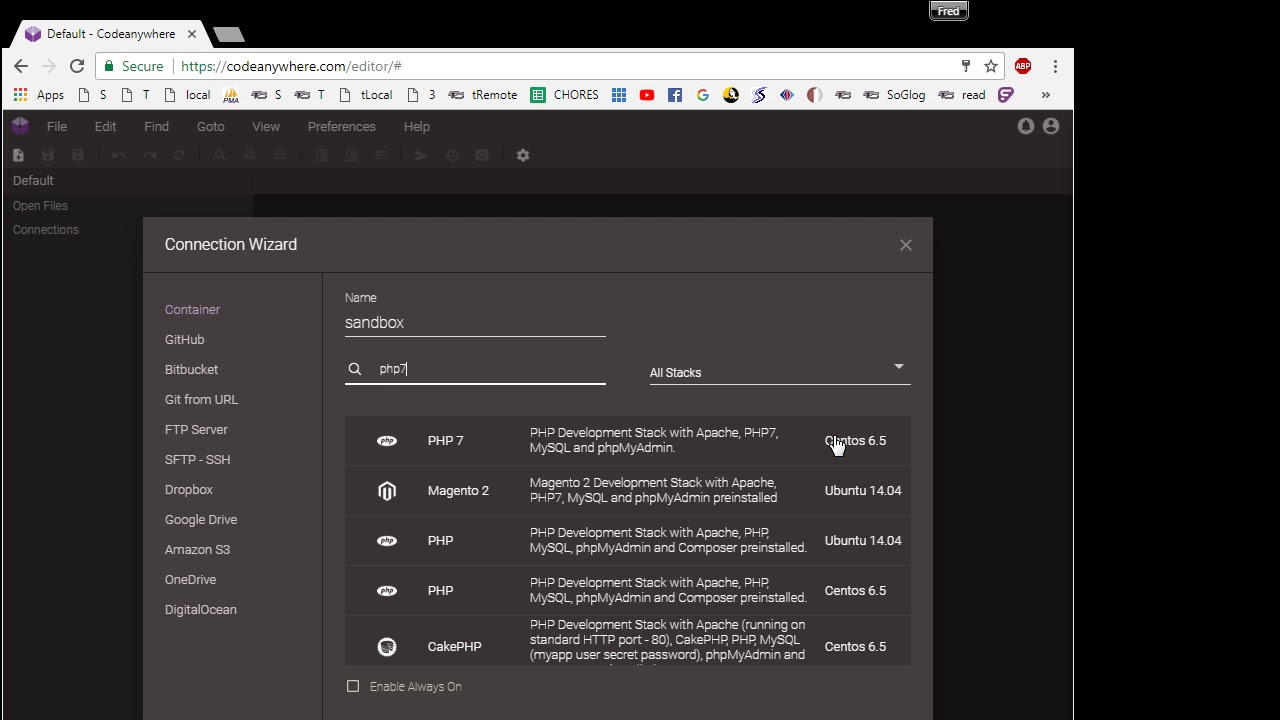 1 Codeanywhere tutorial :: Create container