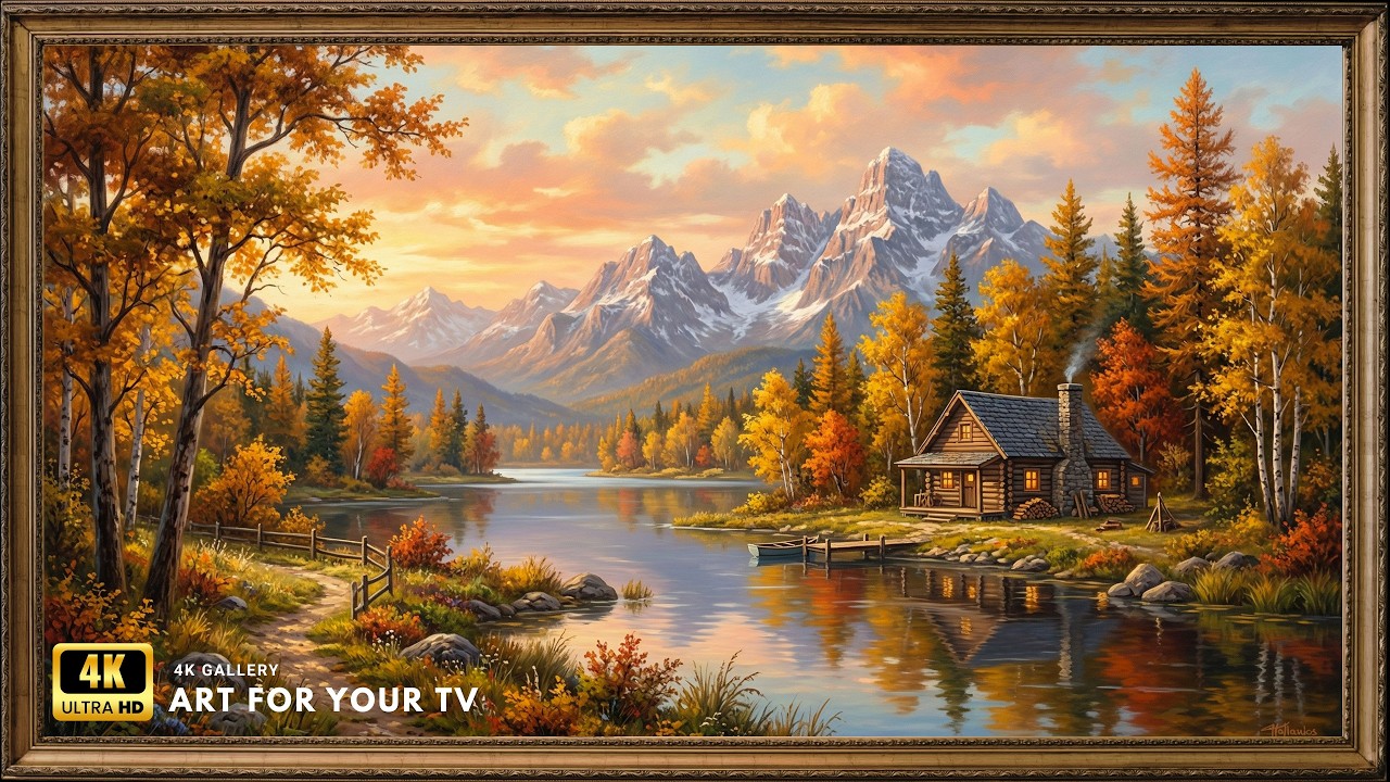 Rustic Forest Cottage & Fall Foliage, Classic Nature Fine Art 4K | Static TV Gallery Background