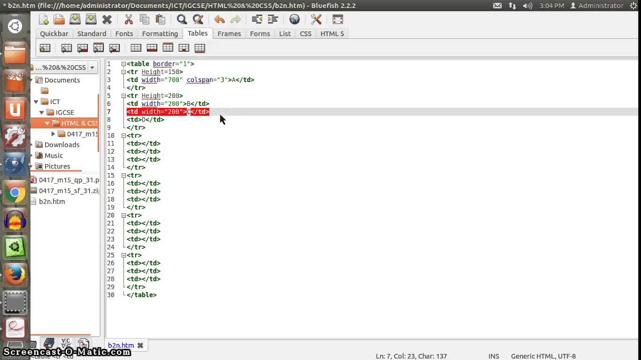 Create a Table in HTML using Bluefish Editor