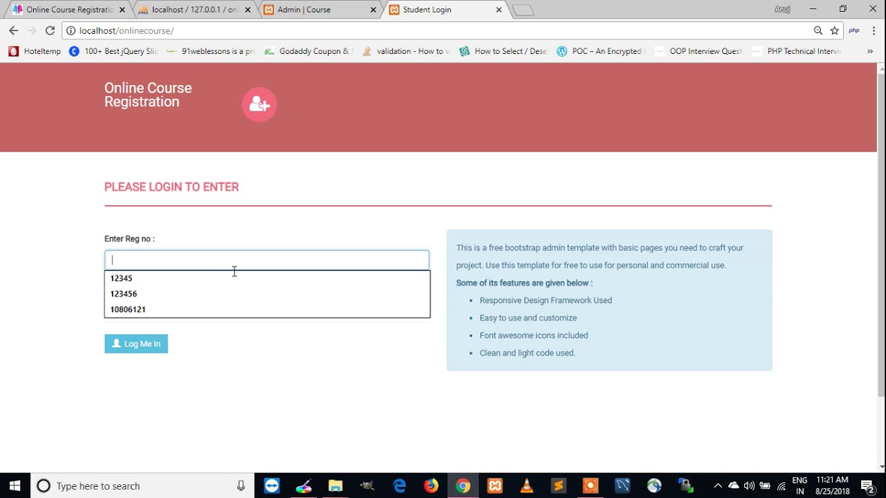 Online Course Registration developed in PHP and MySql ,Online Course Registration projects Free