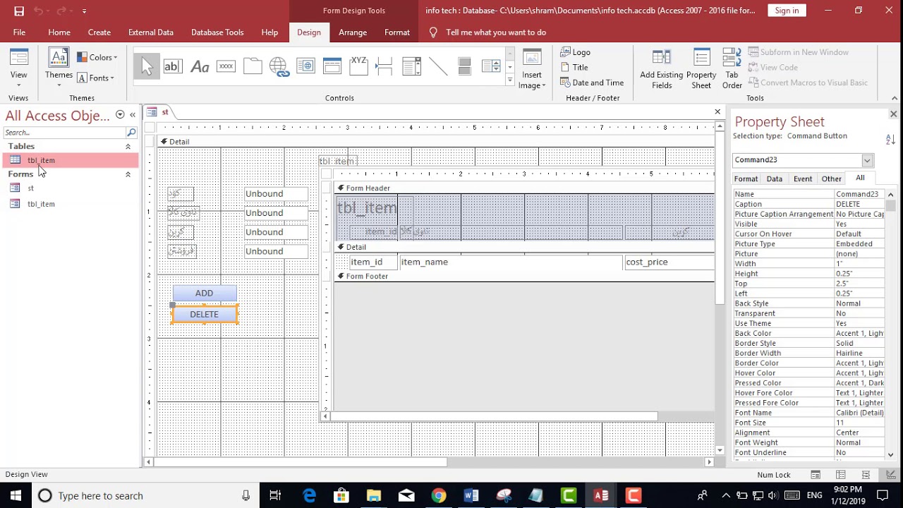 DELETE button in Microsoft access by using SQL code