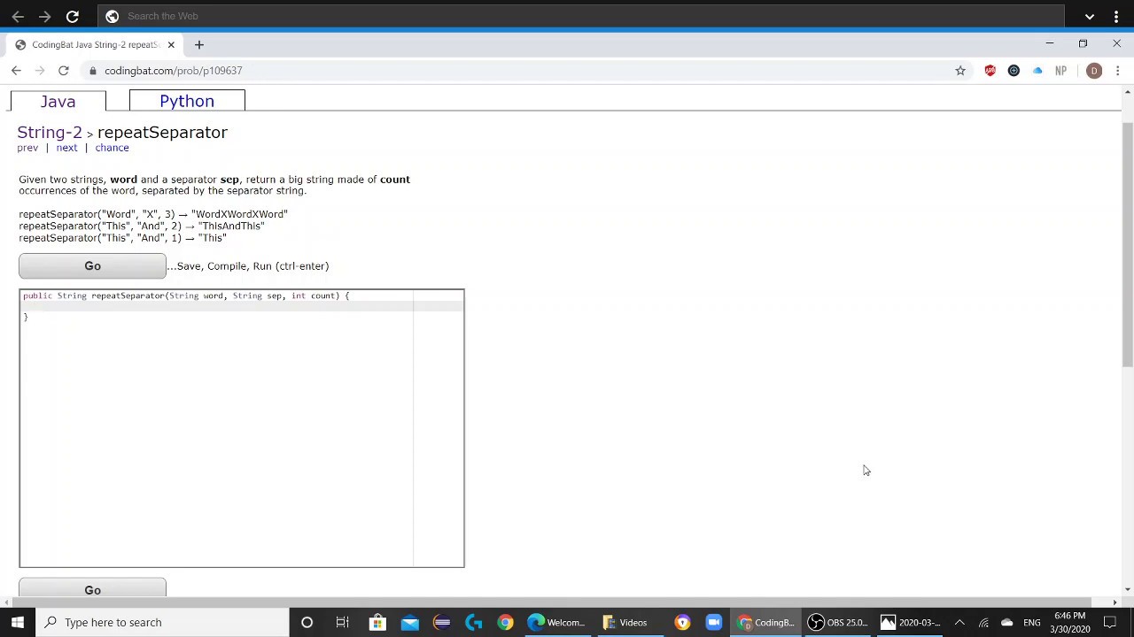 String 2 (repeatSeparator) Java Tutorial || Codingbat.com