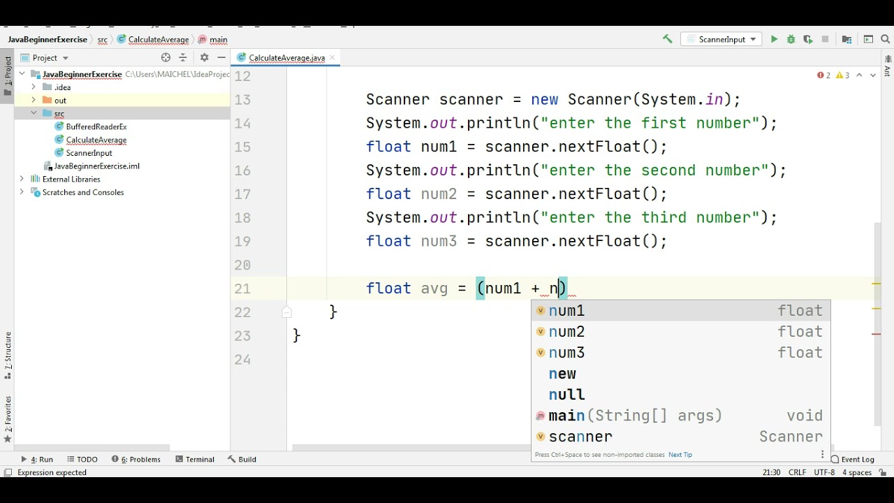 Java Exercise, int Scanner input and  calculate average
